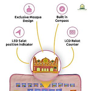 ALMOSTAQIM Educational Prayer Mat - Interactive Prayer Mats for Kids - with Mosque-Shaped Speaker, Built-in Compass, 50 Touch-Sensitive Buttons, LCD Counter, Professional Quran Reciter - 47x27 [Pink]