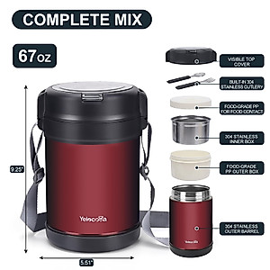 Yelocota Thermos for Hot Food- 67 Ounce Wide Mouth Insulated Soup Container- 18/10 Stainless Steel Lunch Food Jar with 3 Tiers Leak-Proof Stackable Thermal Lunch Box,Fork,Spoon and Bag