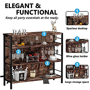 PAKASEPT Home Bar Unit, Industrial Liquor Bar Cabinet Table with Stemware Racks Storage and Footrest, Freestanding Mini Bar Wine Cabinet for Home Kitchen Pub