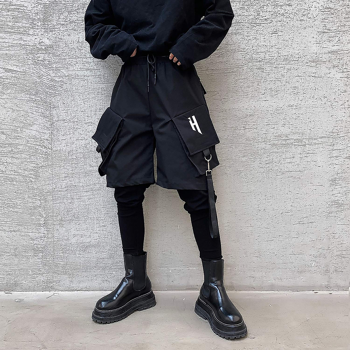 Yonititeee Mens Multi Pockets with Straps Cargo Techwear Joggering Pants Black Waist 34-35 Inches