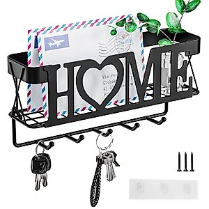 OHOBABY Key Holder for Wall - Key Rack with 5 Key Hooks, 11.02" L×2.75" W×4.92" H, Key and Mail Organizer Wall Mount with Mesh Basket, Key Hanger for Wall, Entryway, Home Decor(Matte Black)