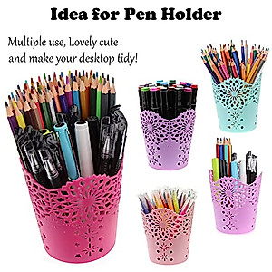 AOKIVIGOA 8pcs Set Pencil Holder Cup Lovely Cute Plastic Hollow Flower Pencil Pots for Office School and Home Pen Ruler Stationery Makeup Brush Storage Organizer with Sticky Notes (Multicoloured)