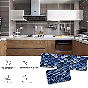 Midetoy Kitchen Rugs and Mats Set Metallic Cobalt Blue Fish Scales Anti Fatigue Kitchen Rug Non Slip Floor Rugs Indoor Outdoor 17.7"x59"+17.7"x29"