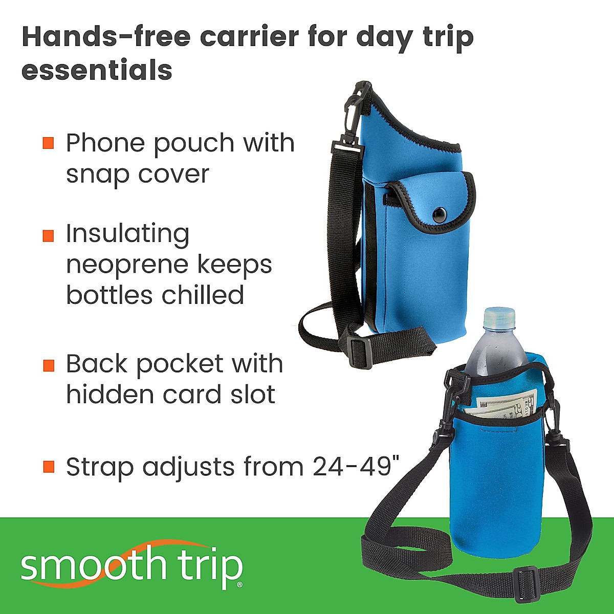 Smooth Trip AquaPockets Water Bottle Carrier Bag and Insulating Neoprene Bottle Holder with Phone Case, 2 Pockets and Adjustable Strap for Walking and Hiking, Fits up to 40 oz. Bottles