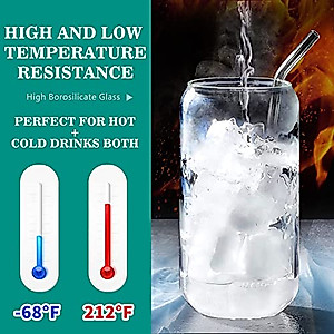 SNDUUrainbow Drinking Glass cups with Glass Straws 4 Pack Set,16 oz Can Shaped Glass Cups,Glass Beer,Iced Coffee Glasses with Lids,Tumbler Cup,Juicing, Cocktail,Whiskey-2 Cleaning Brushes