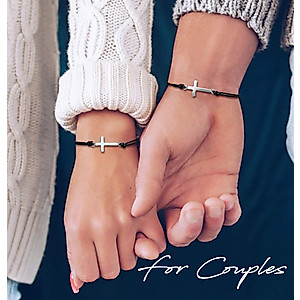 Me&Hz Pinky Promise Silver Cross Matching Friendship Couples Strand Bracelets for Women Girls Men Best Friends Boyfriend Girlfriend Adjustable Leather Cross Bracelet 2 Pack