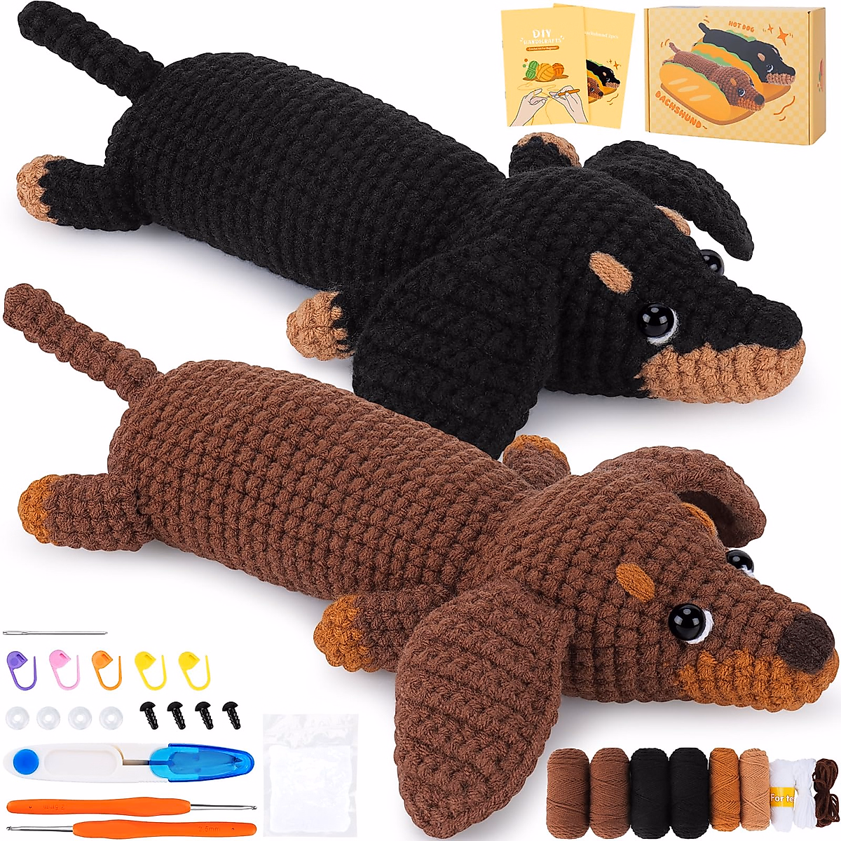 Crochet Kit for Beginners - 2 PCS Dachshund Crochet Kit with Step-by-Step Video Tutorials, Beginner Crochet Kit for Adults, Crochet Animal Kit for Kids, Dog Crocheting Set (Brown & Black)