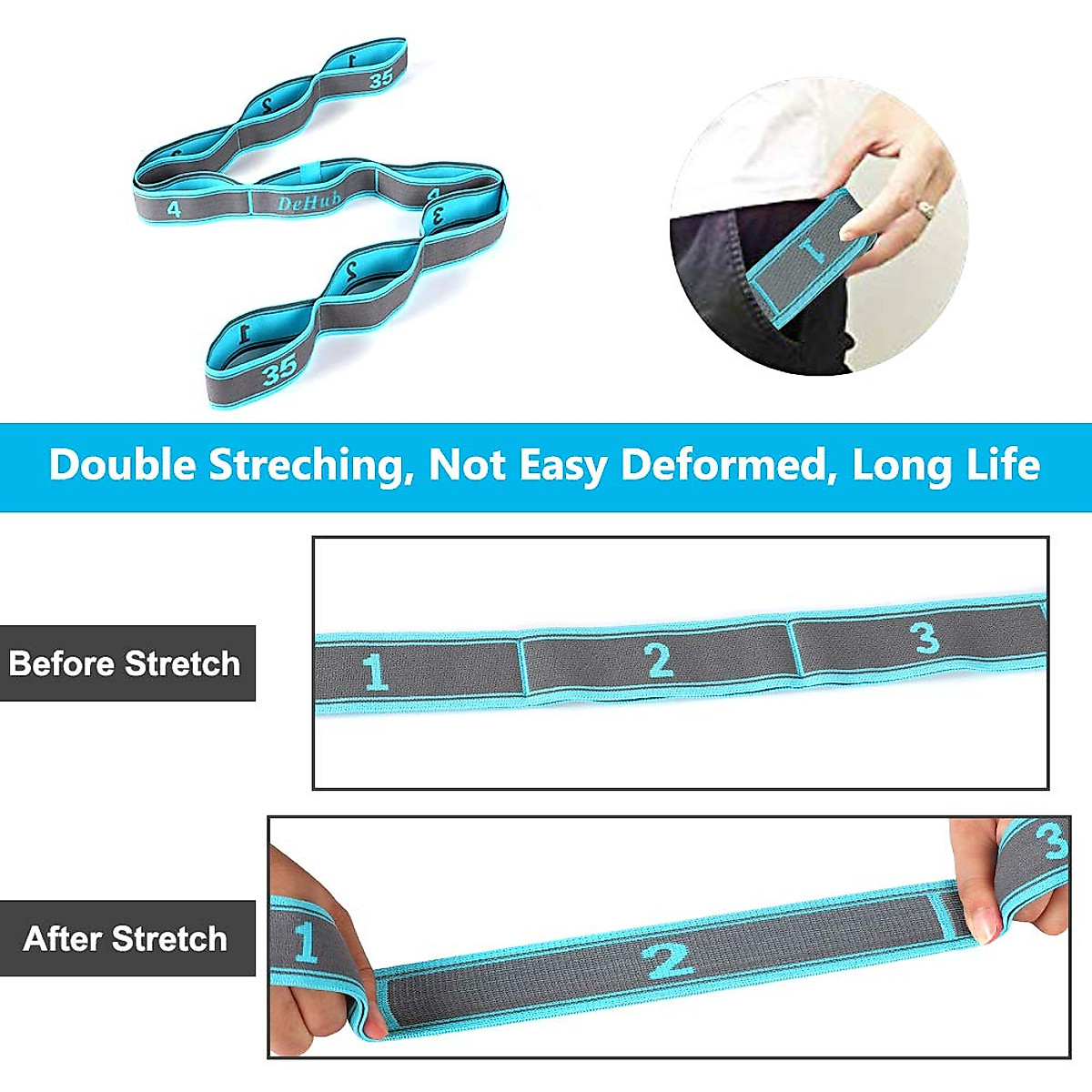 DEHUB Stretch Strap, Elastic Yoga Stretching Strap, Multi-Loop for Physical Therapy, Pilates, Yoga, Dance & Gymnastics Exercise and Flexible Pilates Stretch Band