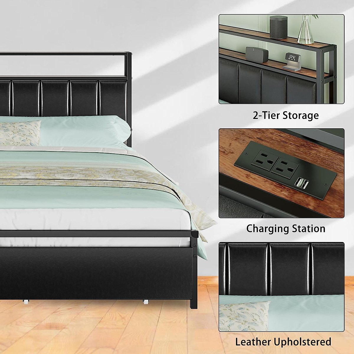 AMERLIFE LED Bed Frame with Drawers, King Platform Bed Frame with 2-Tier Storage & Leather Upholstered & Charging Station Headboard, No Box Spring Needed, Noise Free, Easy Assembly, Black