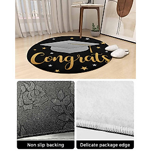 Graduation Cap Fluffy Round Area Rug Carpets 3ft, Plush Shaggy Carpet Soft Circular Rugs, Non-Slip Fuzzy Accent Floor Mat for Living Room Bedroom Nursery Home Decor Star Black Gold Grey