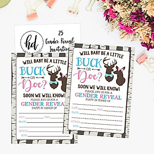 Hadley Designs 25 Buck or Doe Deer Gender Reveal Baby Shower Party Invitation Cards Pink Blue He She Personalized for Unisex Invite Guess If It's a Boy or Girl Fill In The Blank Printable Invite Pack