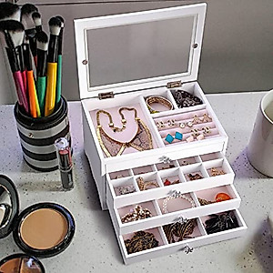 Ampersand Shops Elegant Jewelry Chest Box Storage Organizer with Mini Drawers and Mirror for Rings, Earrings, Bracelets and Necklaces (White))