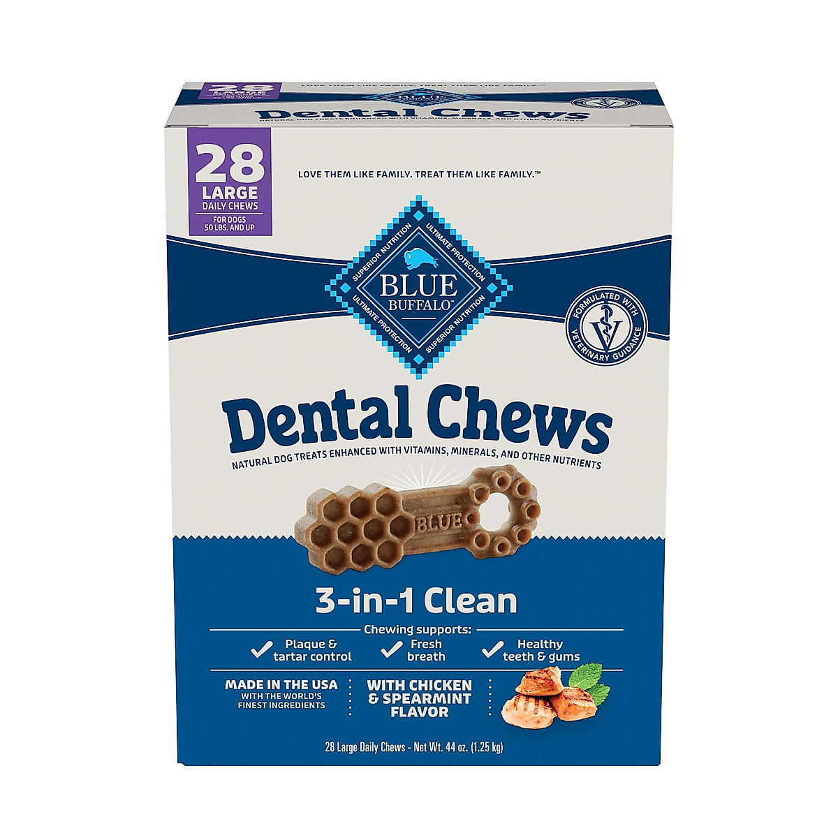 Blue Buffalo Large Dental Chews for Dogs, Daily Dental Care Dog Treats Made in The USA with Natural Ingredients, Chicken & Spearmint (44-oz. Box, 28 Count)