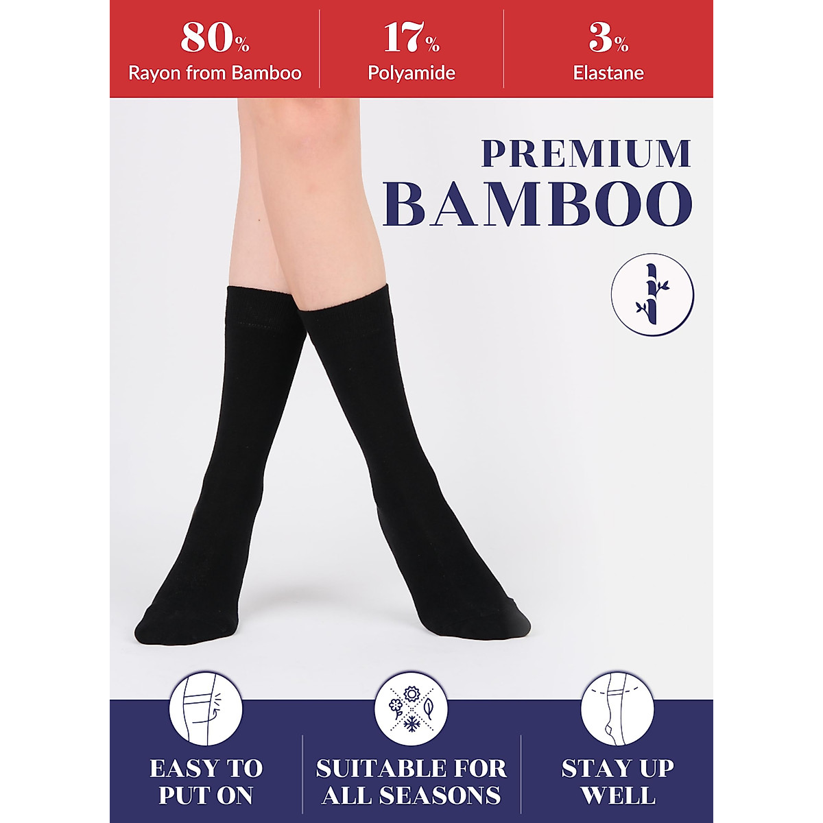 Hugh Ugoli Womens Bamboo Dress Socks, Crew Soft Thin Calf Socks for Business, Trouser & Casual, Black, 3 Pairs, Shoe Size: 9-12