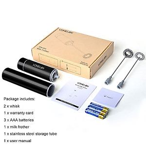 Milk Frother Handheld, Battery Operated Coffee Foamer Drink Mixer with 2 Stainless Steel Electric Whisks for Coffee, Latte, Cappuccino, Hot Chocolate, Protein，Egg Batteries Included,Black