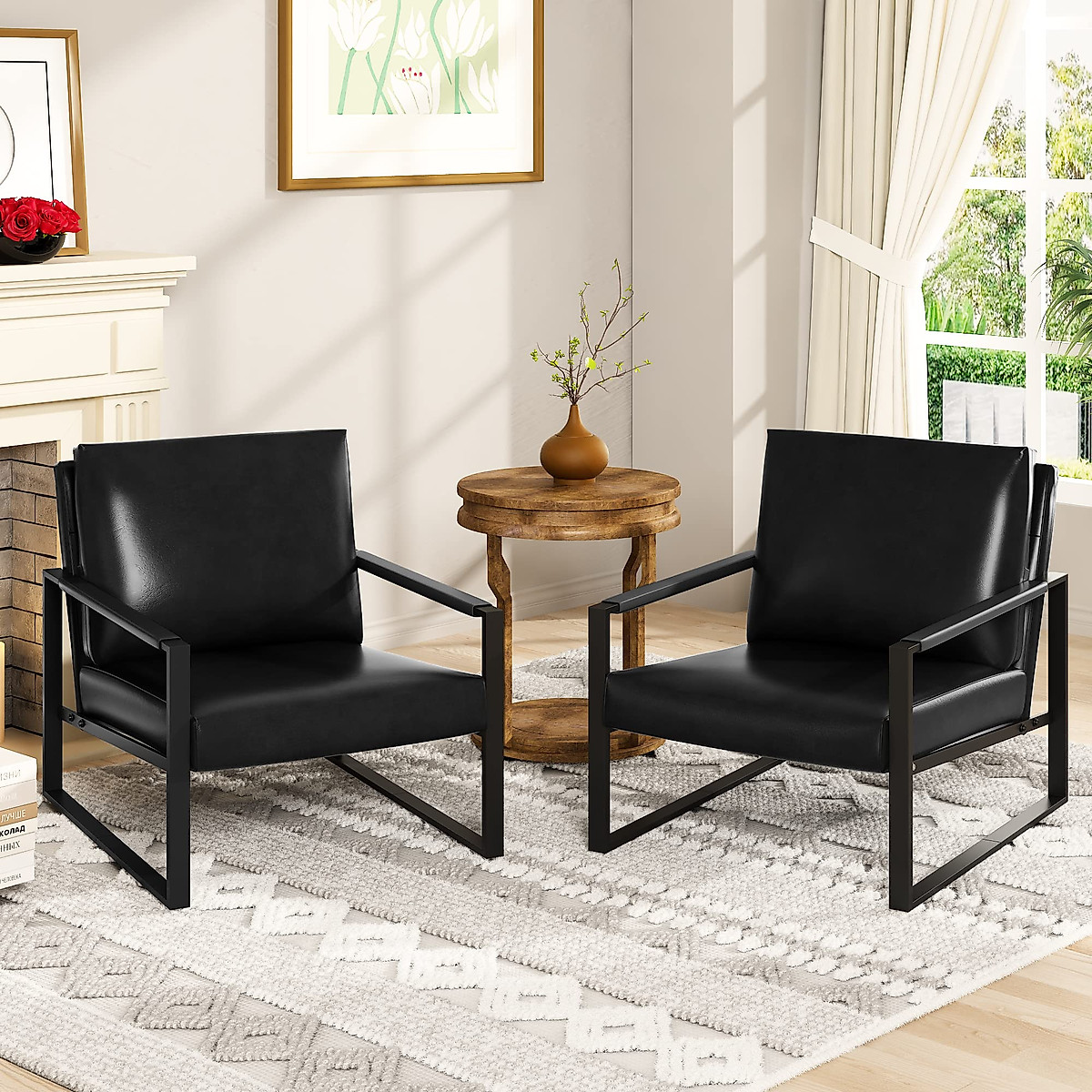 AWQM Modern PU Leather Accent Chair Arm Chair with Extra-Thick Padded Backrest and Seat Cushion Sofa Chairs for Living Room Bedroom, 105 Degree Slant Back, Non-Slip Adsorption Feet, Black