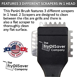 FryOilSaver Co. 90052 Panini Grill Brush - Commercial Electric Grill Stiff Bristle Brush - Stainless Steel Bristles with Hard Plastic Handle - 3 Different Scraper Heads - Heavy Duty Small Grill Brush