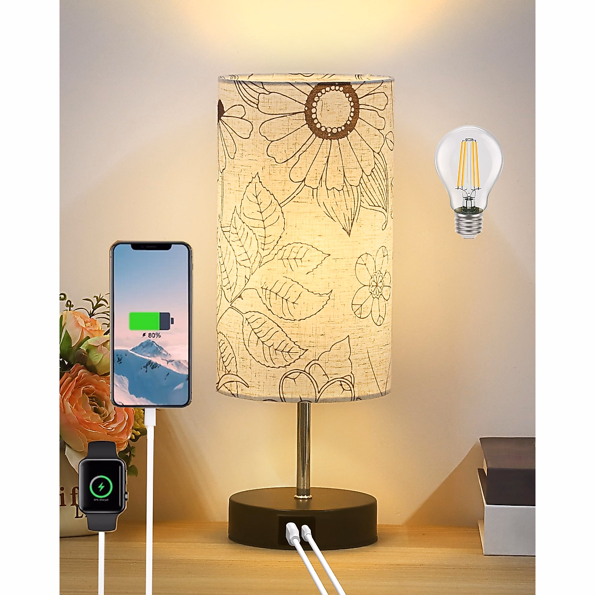Lanmonlily Touch Control Desk Lamp with 2 USB Ports, 3-Way Dimmable Bedside Lamp for Bedroom, Nightstand Lamp with Round Flower Fabric Shade for Living Room, Home Office (E26 LED Bulb Included)