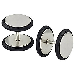 Forbidden Body Jewelry 16g 10mm Surgical Steel with Black O-Rings Cheater Plug Earrings, Fake 00 Gauge Earrings
