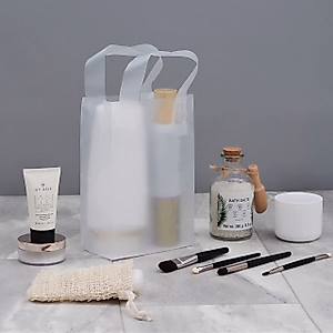 Prime Line Packaging Clear Gift Bags with Handles, Frosted Plastic Shopping Tote for Girls, Small Business, Boutiques, Retail, Bulk, 6x3x9 100 Pack