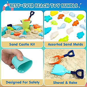 TOY Life 30 Pcs Beach Sand Box Toys for Kids Toddlers 3 6 8 12, Sand Castle Kit Toys for Beach, Sandbox Toys, Sand Castle Molds, Travel Beach Toy Set, Sand Bucket and 2 Shovel for Kids with Mesh Bag
