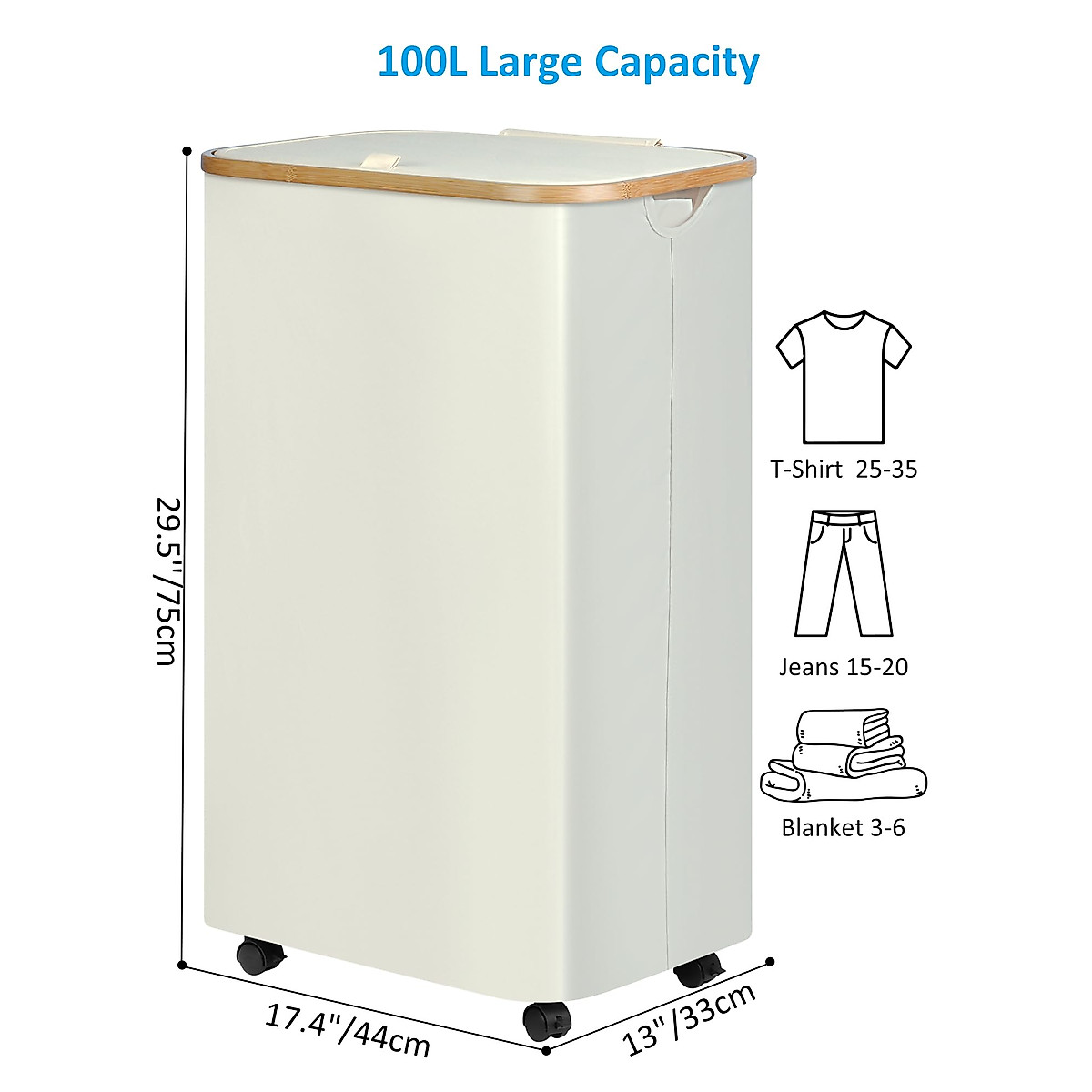 efluky Laundry Hamper with Wheels, Rolling Laundry Hamper with Lid and Removable Bag, Collapsible Dirty Clothes Hamper with Wheels for Laundry Room, Bedroom & Bathroom, 100L (26.4 Gallon) Beige