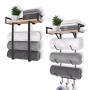 Towel Racks for Bathroom Wall Mounted, Xstydes Metal Towel Holder with Wooden Shelf for Folding Large Towels, Towel Storage for Small Bathroom Organizer Decor or RV Camping, (TR-H+TR-J)