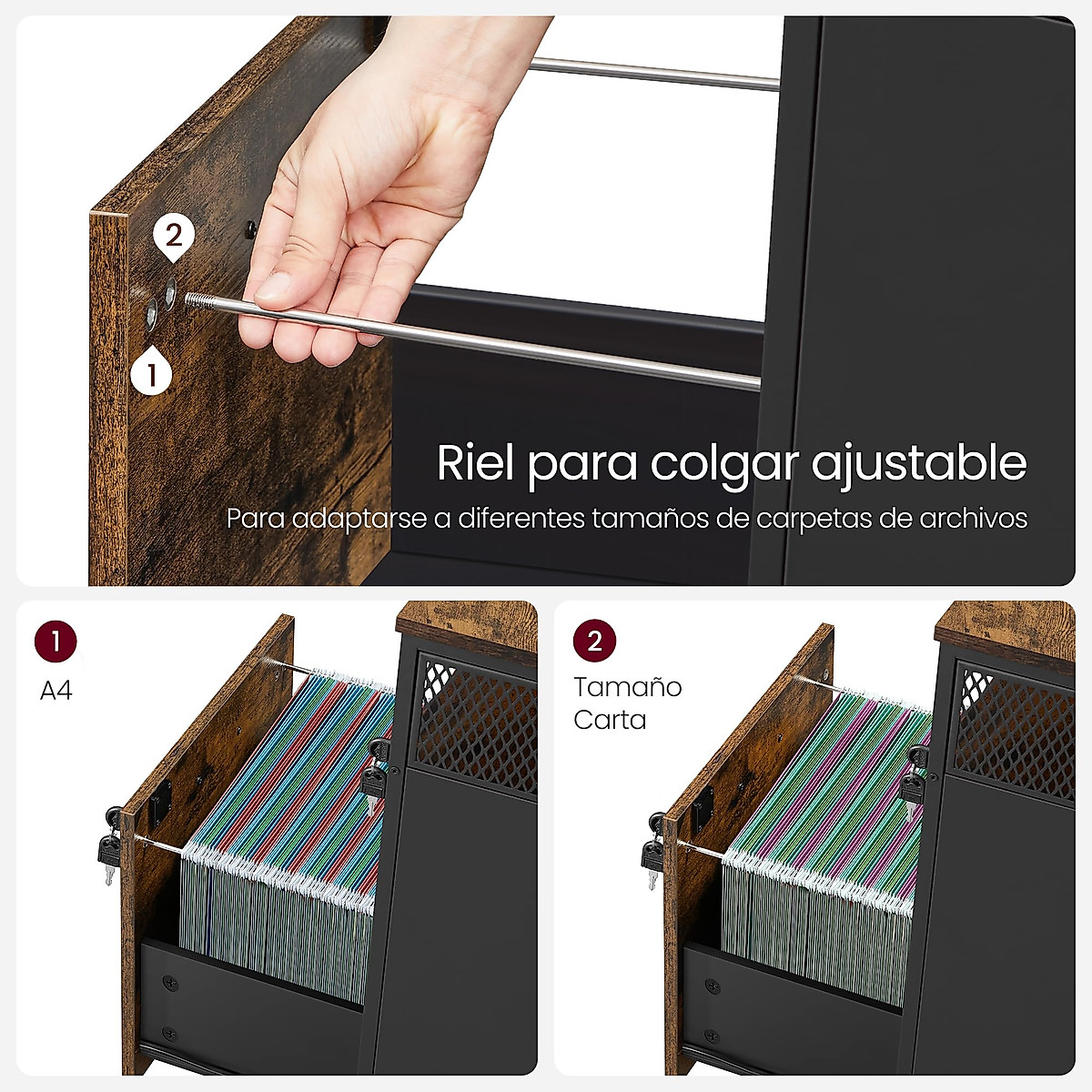 VASAGLE File Cabinet with Lock, Filing Cabinet with 2 Storage Drawers, for Hanging File Folders, Open Shelf, Home Office, Steel Frame, Industrial, Rustic Brown and Black UOFC077B01