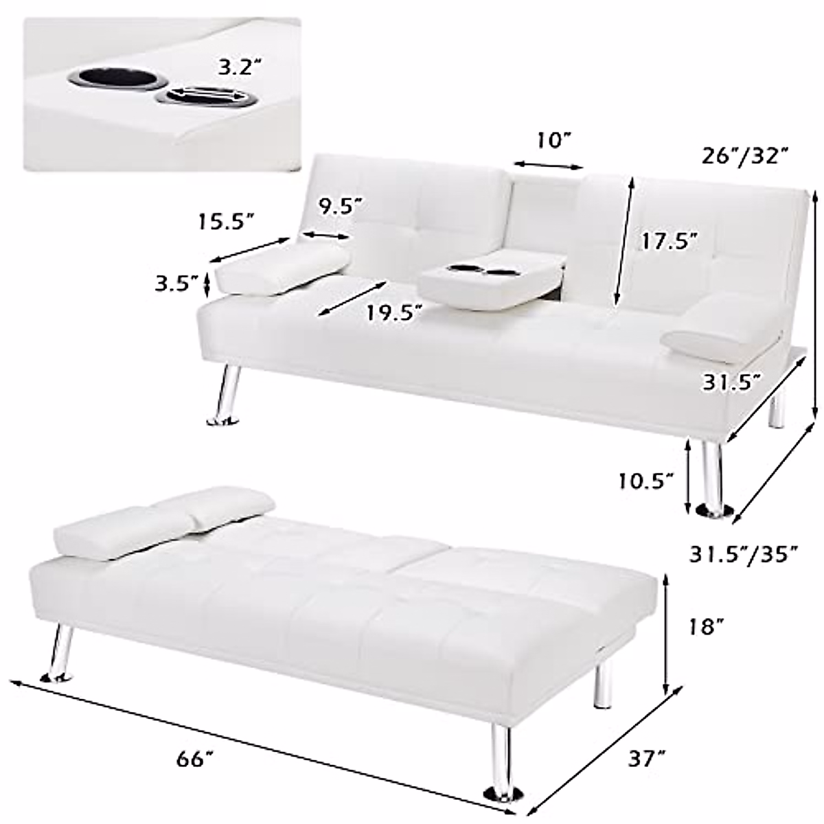 POWERSTONE Leather Futon Sofa Bed Convertible Folding Couch for Living Room Sectional Sleeper Sofa for Small Space with Cup Holder and Removable Armrest White
