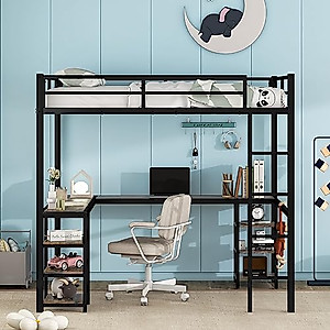 BOVZA Full Metal Loft Bed with Desk and Shelves, Multifunctional Loft Bed with Ladder and Safety Guardrails, Bed Frame for Bedroom, Space Saving, Black