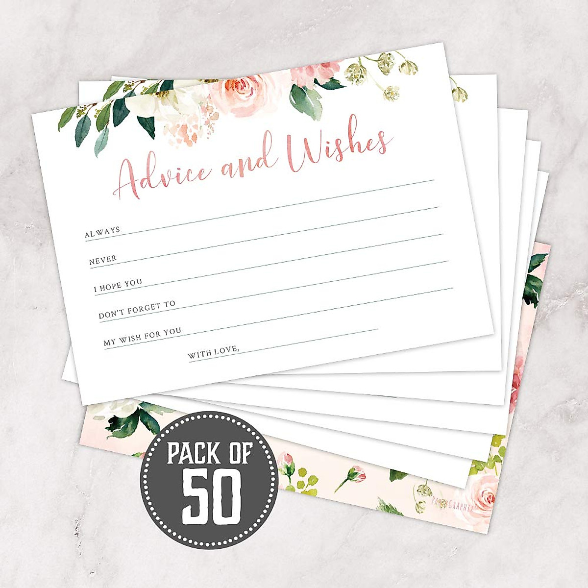 Set of 50 Advice and Wishes Cards - Double Sided Floral Cards, Perfect for the Bride and Groom, Baby Shower, Bridal Shower, Wedding Shower, Graduation Party, Retirement Party, Anniversary