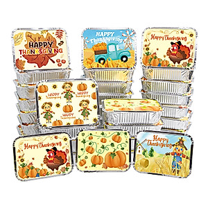 WorldBazaar Cute Thanksgiving Aluminum Containers with Lids 36PCS Thanksgiving Food Leftover Containers Disposable Fall Turkey Foil Pans Food Sacks Storage Thanksgiving Party Supplies