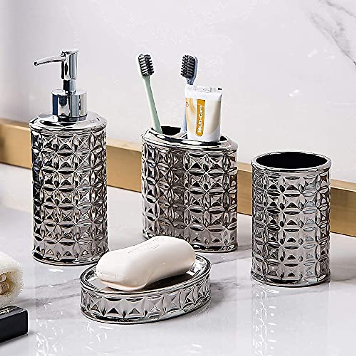 BASDHE Bathroom Accessories Set-5 Piece Ceramic Gift Set Toothbrush Holder,Toothbrush Cup,Soap Dispenser,Soap Dish,Trash Can, Set Bathroom (Grey)