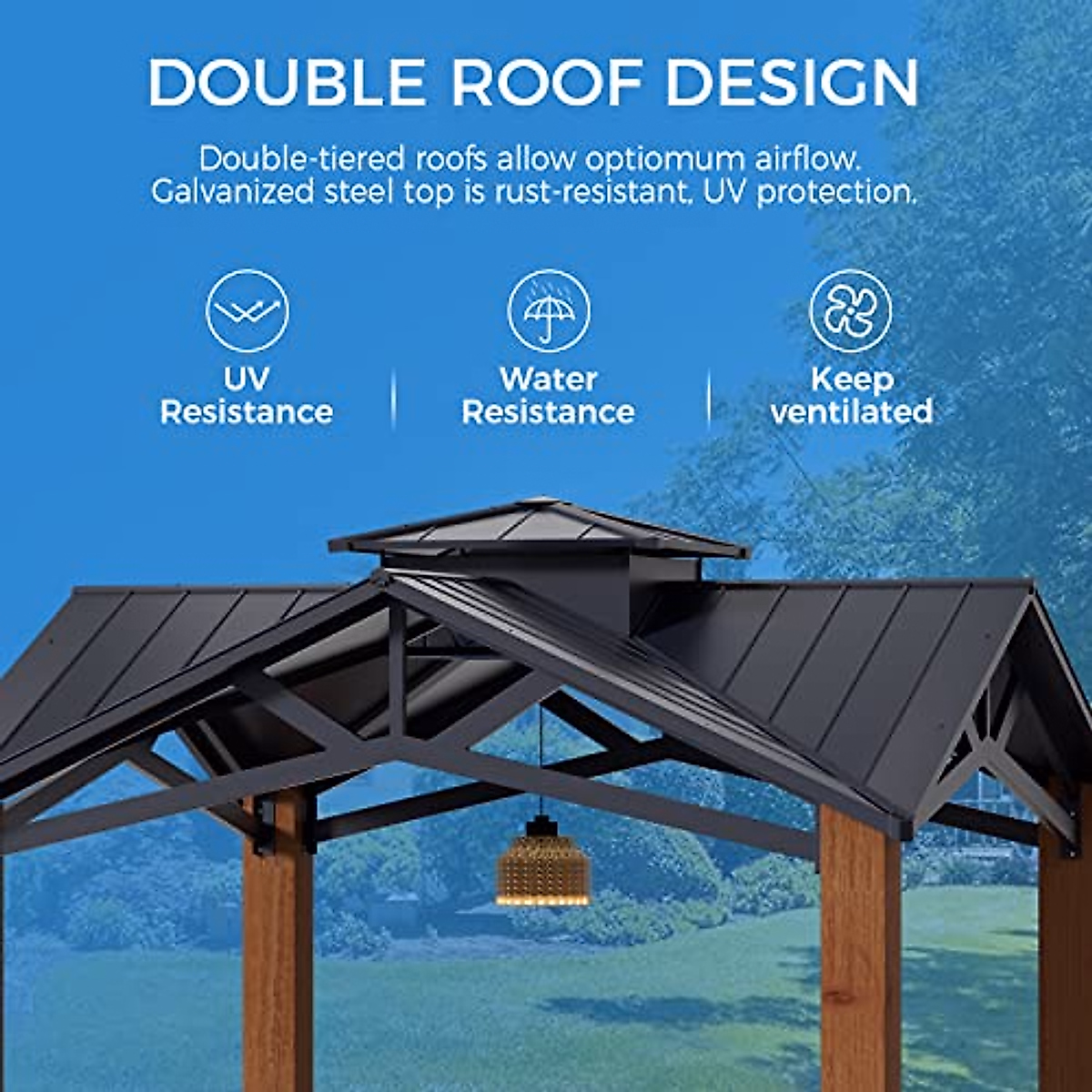 Erinnyees 12' x 12' Octagonal Hardtop Gazebo, Aluminum Frame with Wood Grain Finish, Double-layer Galvanized Steel Roof, Fully Enclosed Sidewall, Easy to Assemble