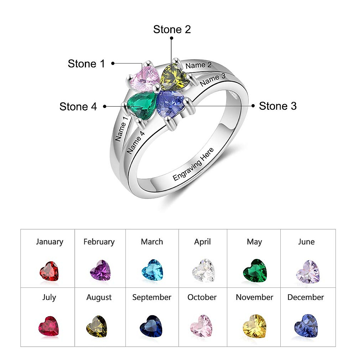 Personalized Mothers Ring with 4 Heart Simulated Birthstones and 4 Names Customized Family Rings for Women Promise Rings for Her (Size 8)
