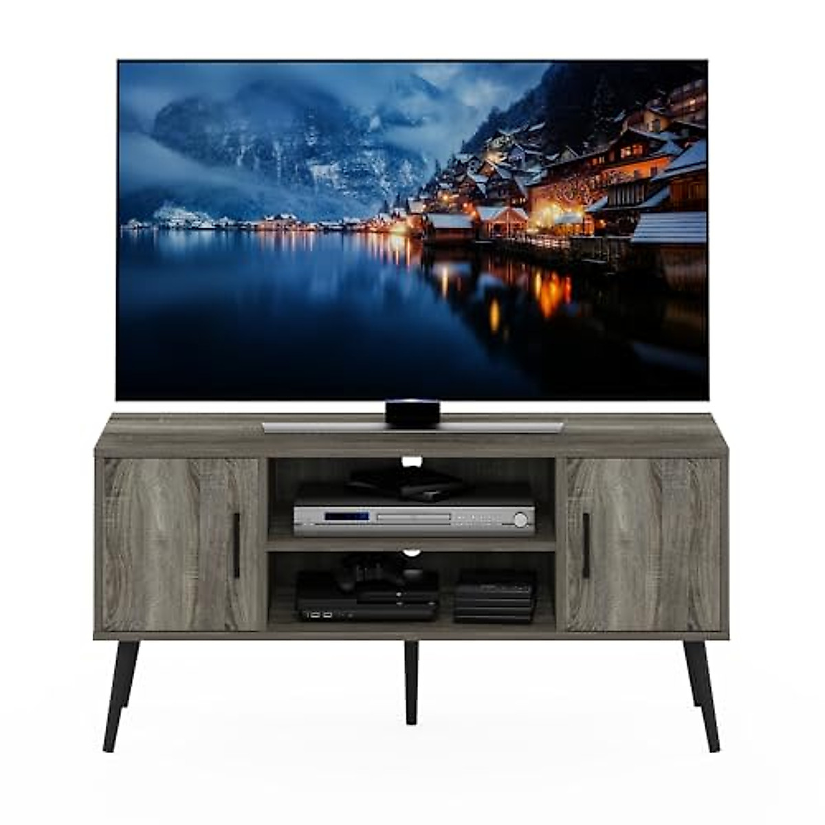 Furinno Claude Mid Century Style Wood Legs TV Stand for TV Size up to 50 inch with Two Cabinets, French Oak