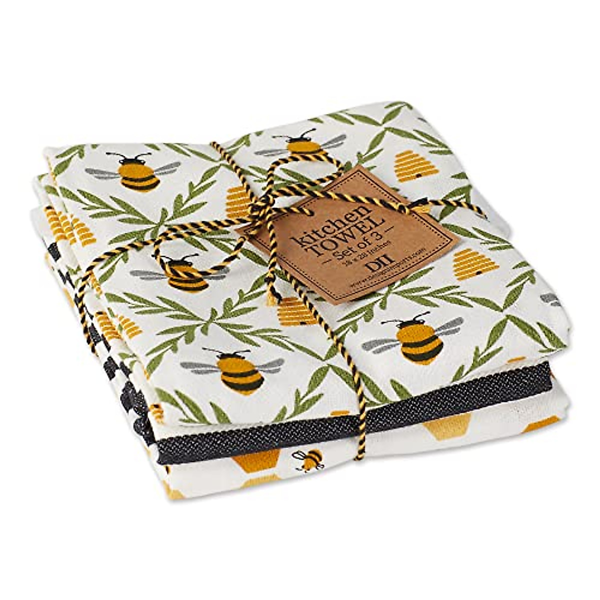Design Imports DII Little Bees Bee Themed Dish Towels, Set of 3 Yellow Black White Green
