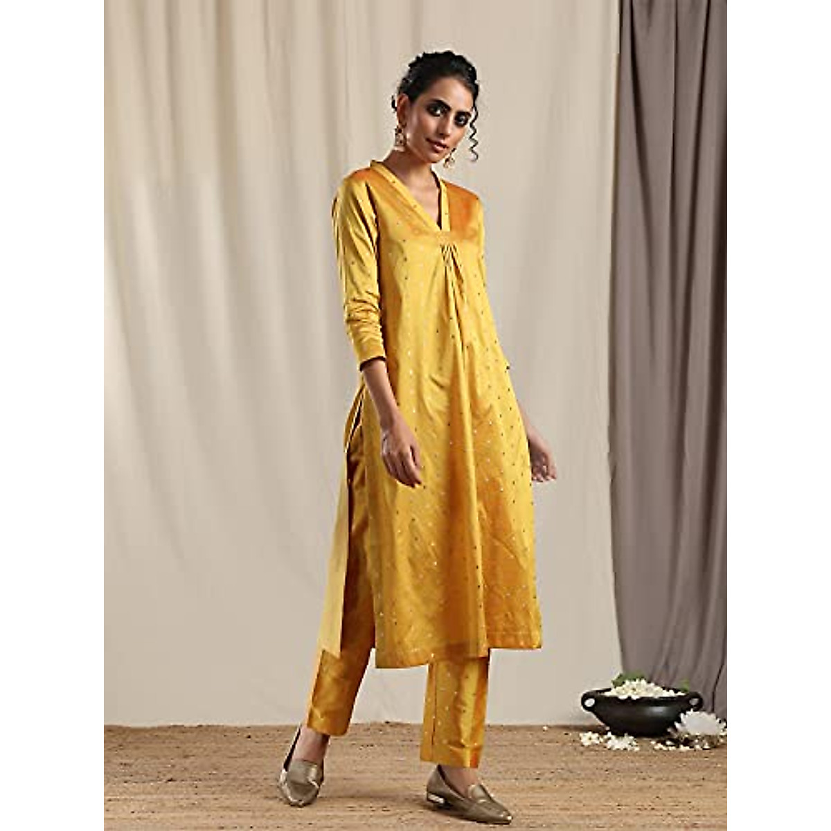 Indian Kurti for Womens With Pant | Art Silk Woven Kurta Kurtis Dress For Women Tops Tunic Yellow