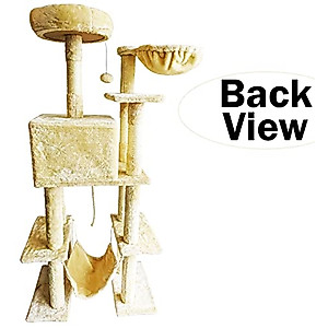 Beige Cat Tree Tower for Indoor Cats & Kittens, 57" Tall Multi-Level with Comfy Perch & Basket, Hideaway Condo, Sisel Scratcher Posts & Ladder, Ball Toys, & Dangling Rope - by SciencePurchase