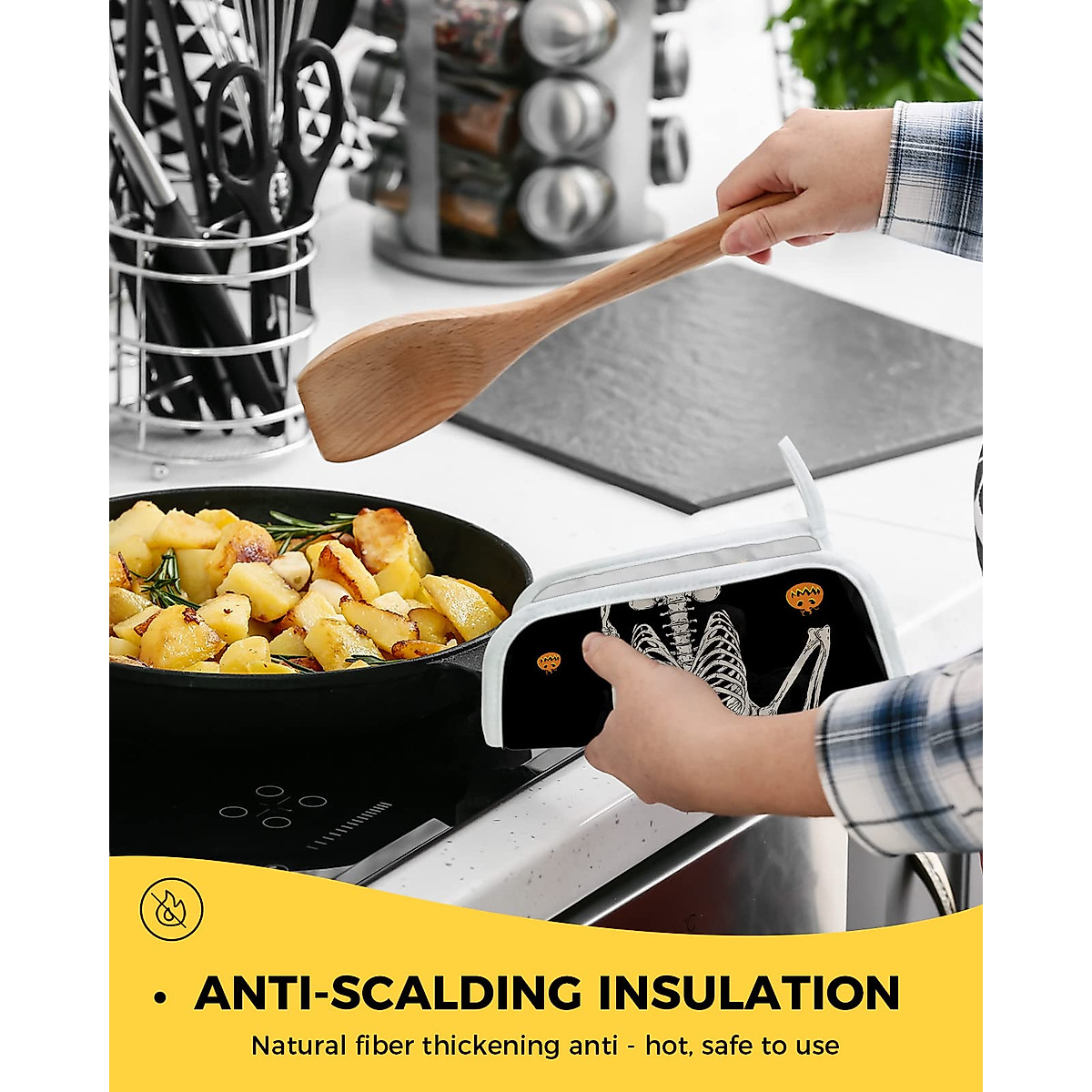 2 Pack Pot Holders Sets for Kitchen, Soft Oven Hot Pads Potholder Funny Skeleton Skeleton Cute Grimace Pumpkin Happy Halloween Heat Insulation Hot Potholders for Baking Cooking