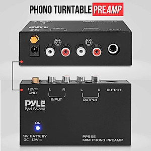 Pyle Phono Turntable Preamp - Mini Electronic Audio Stereo Phonograph Preamplifier with 9V Battery Compartment, Separate DC 12V Power Adapter, RCA Input, RCA Output & Low Noise Operation (PP555) BLACK