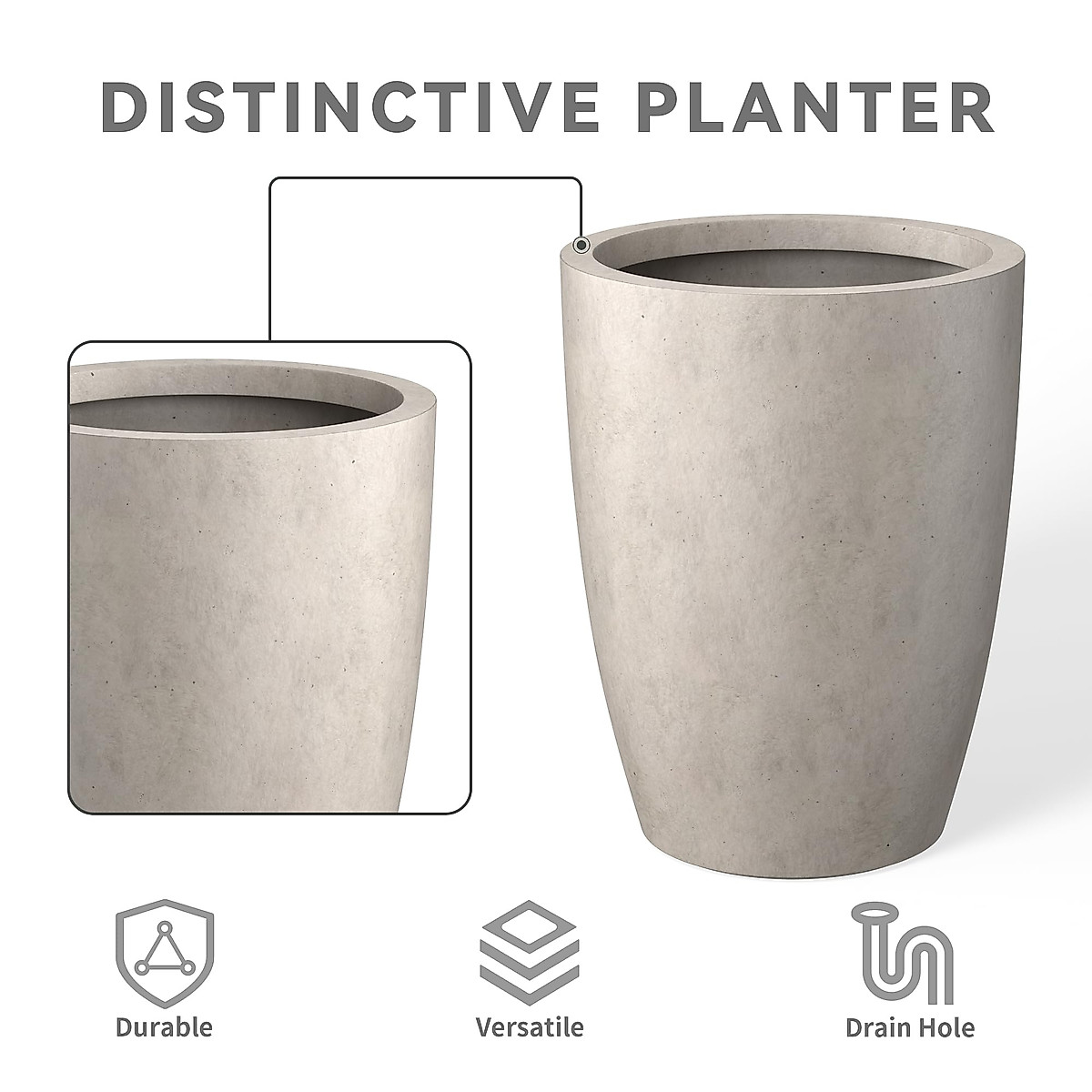 Kante 18.1",20.5",22.4" H Tall Round Concrete Planters Set of 3, Outdoor Indoor Modern Decorative Plant Pots with Drainage Hole & Rubber Plug for Home & Garden Weathered Concrete