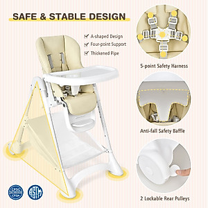 BABY JOY High Chair for Babies & Toddlers, Quick Folding Baby Highchair w/ 2 Lockable Wheels, Large Storage Basket, Removable Double Trays, Detachable PU, Adjustable Height,Backrest & Footrest (Gray)