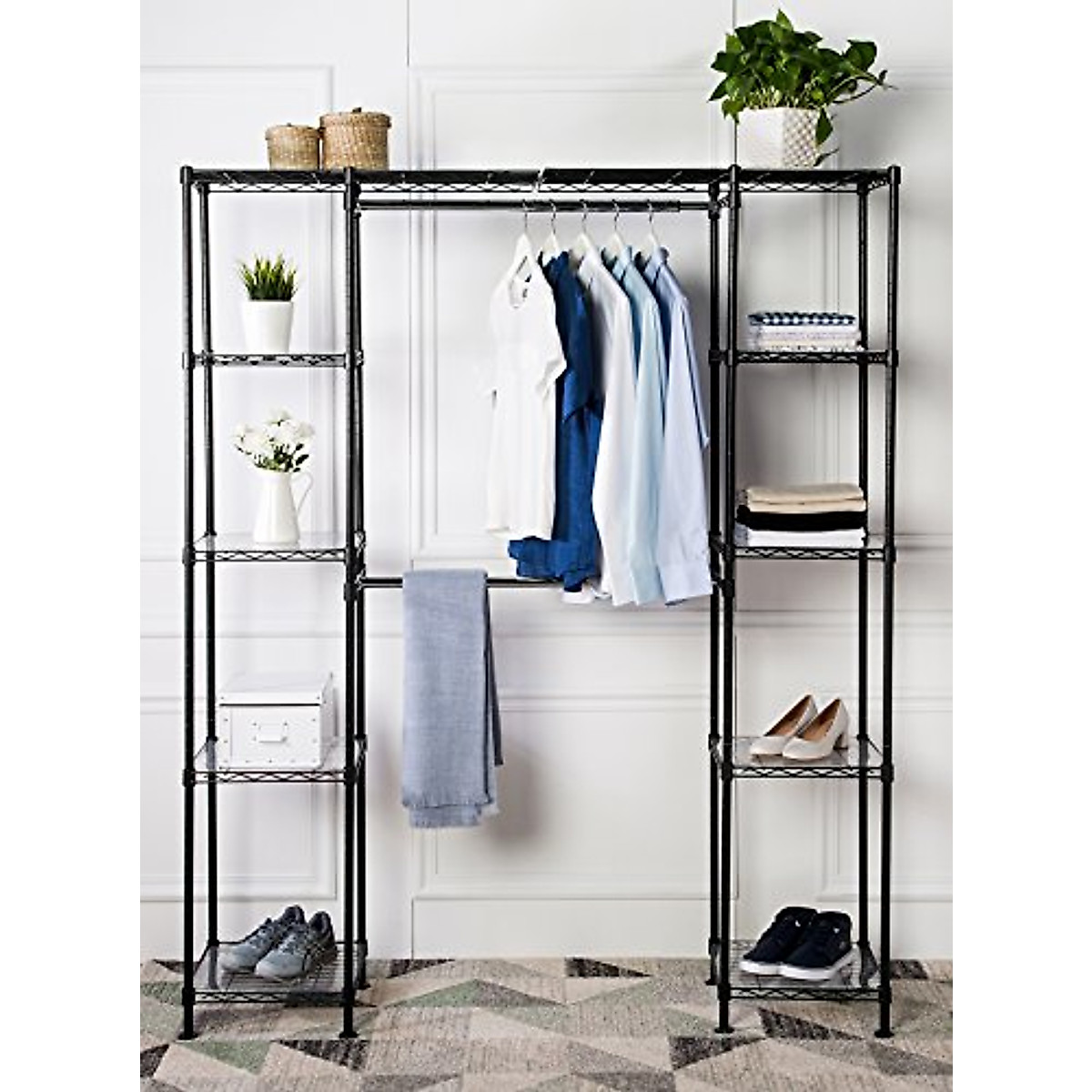 Amazon Basics Double Hanging Rod Garment Rolling Closet Organizer Rack, Black & Expandable Metal Hanging Storage Organizer Rack Wardrobe with Shelves, 14"-63" x 58"-72", Black