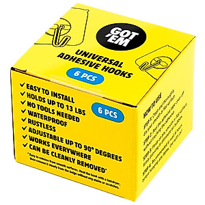 GOT 'EM Universal Adhesive Hooks Medium 6-Pack - Peel & Stick to Wall, Heavy Duty Holds 13 lbs of Towels, Coats, Picture, Plant. 90 Degree Adjust, Water Proof for Indoor/Outdoor, No Tools Needed
