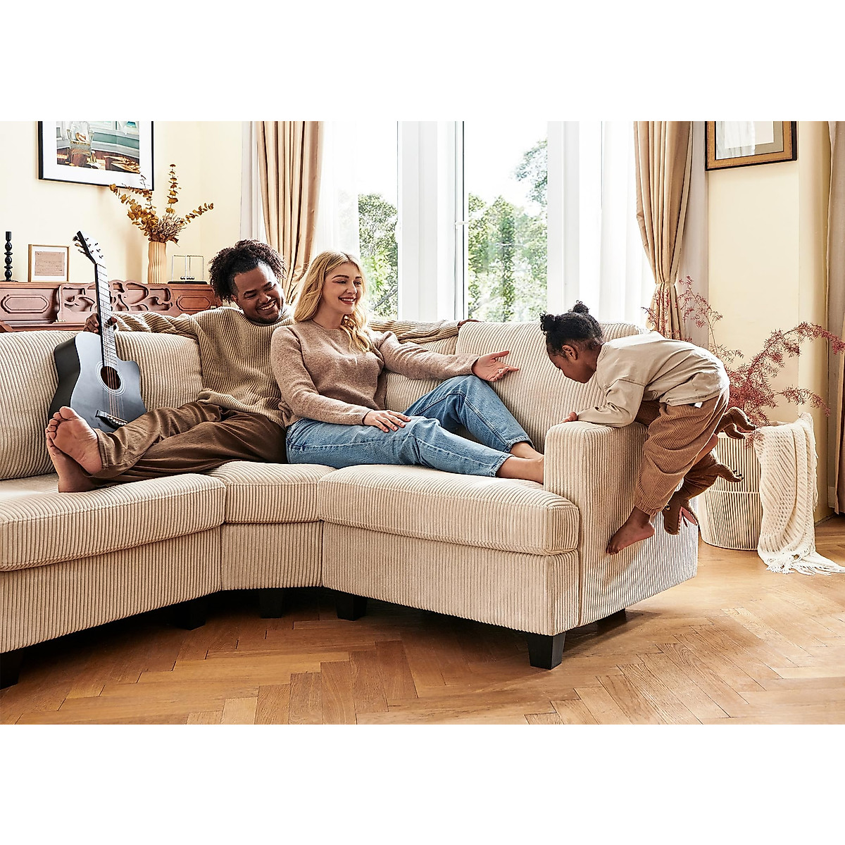 Nolany Modular Sectional Couch with Storage Ottoman, Corduroy Sectional Sleeper Sofa with Chaise, Sectional Couches for Living Room, Beige