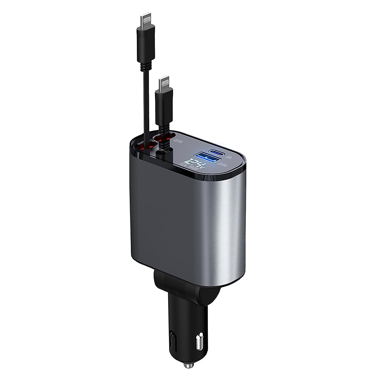 Retractable Car Charger, 4 in 1 Fast Car Phone Charger 66W, 2 Retractable iPhone Cables and USB Car Charger,Compatible with iPhone 15/14/13/12/11,Galaxy,Pixel