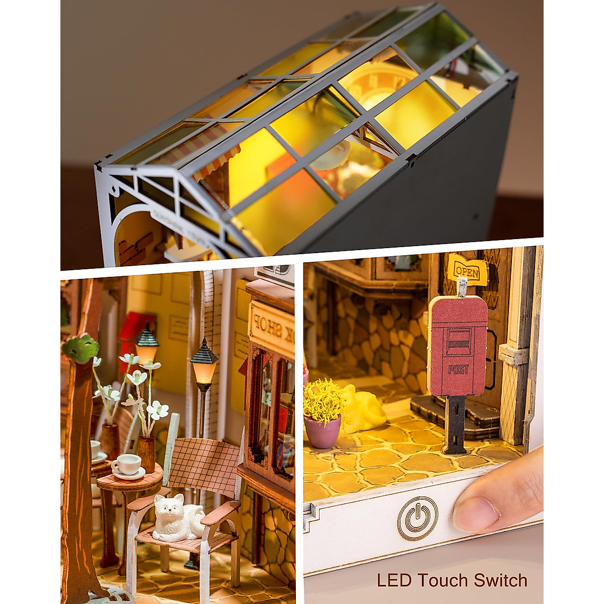 Rolife DIY Book Nook Kit 3D Wooden Puzzle for Adults 9.5" Bookshelf Indert Decor with LED Miniature Dollhouse Kit Bookend Crafts Diorama Hobbies Gifts for Boys Girls (Sunshine Town)