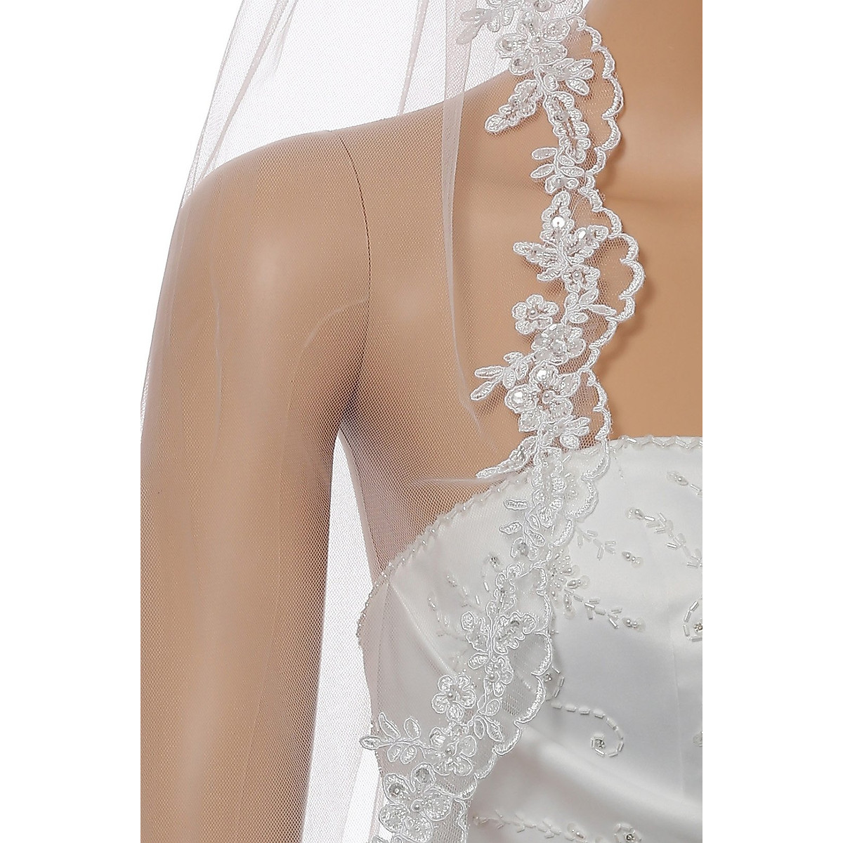 1T 1 Tier Flower Scallop Embroided Lace Pearl Veil - Ivory Fingertip Length 36" V467