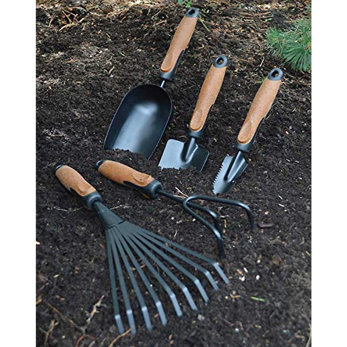 Olmsted Forge Garden Tool Set, 5 Pieces, Heavy Duty Powder Coated Steel, Cork Handle